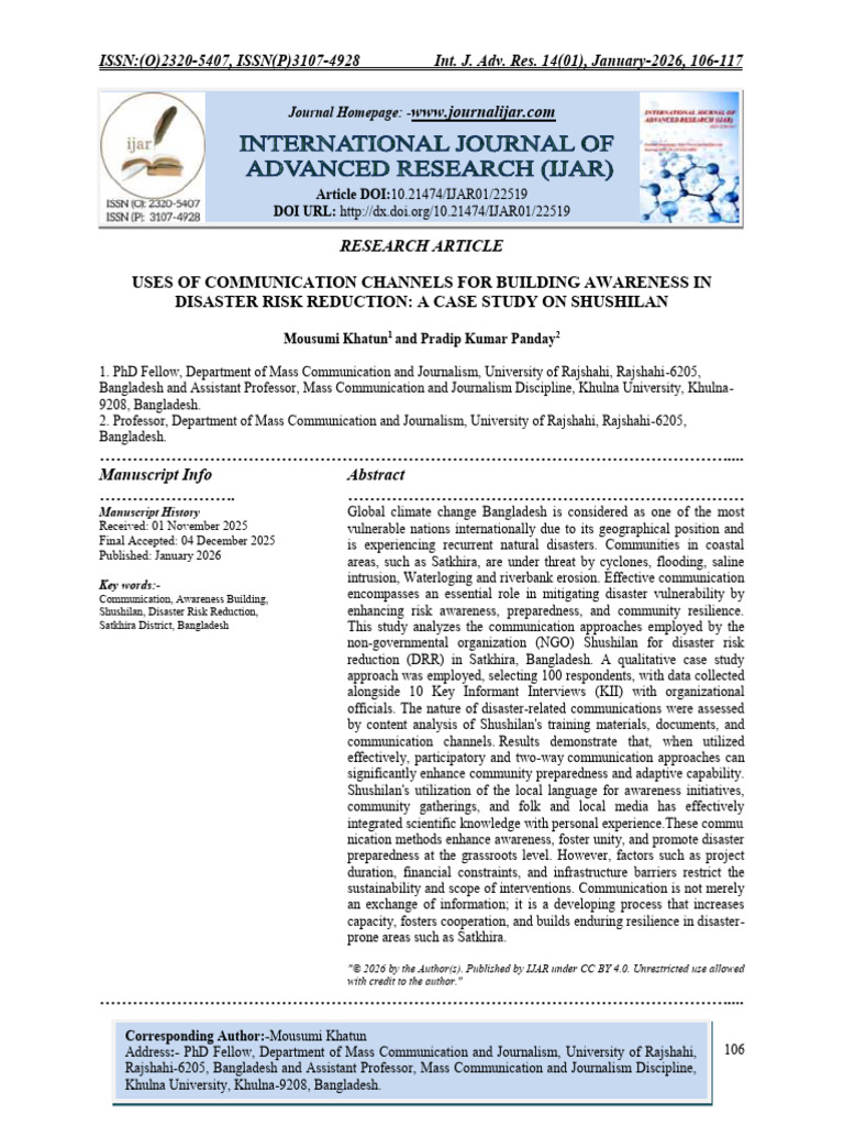 USES OF COMMUNICATION CHANNELS FOR BUILDING AWARENESS IN DISASTER RISK ...