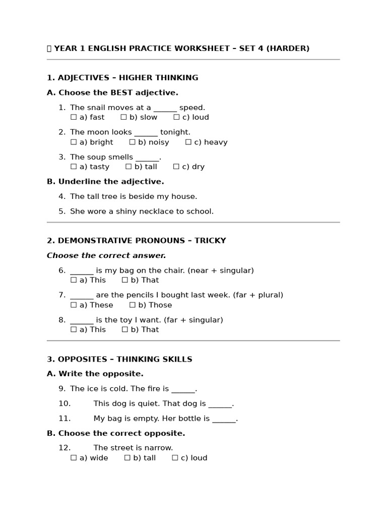 ? Year 1 English Practice Worksheet 1 3 | PDF