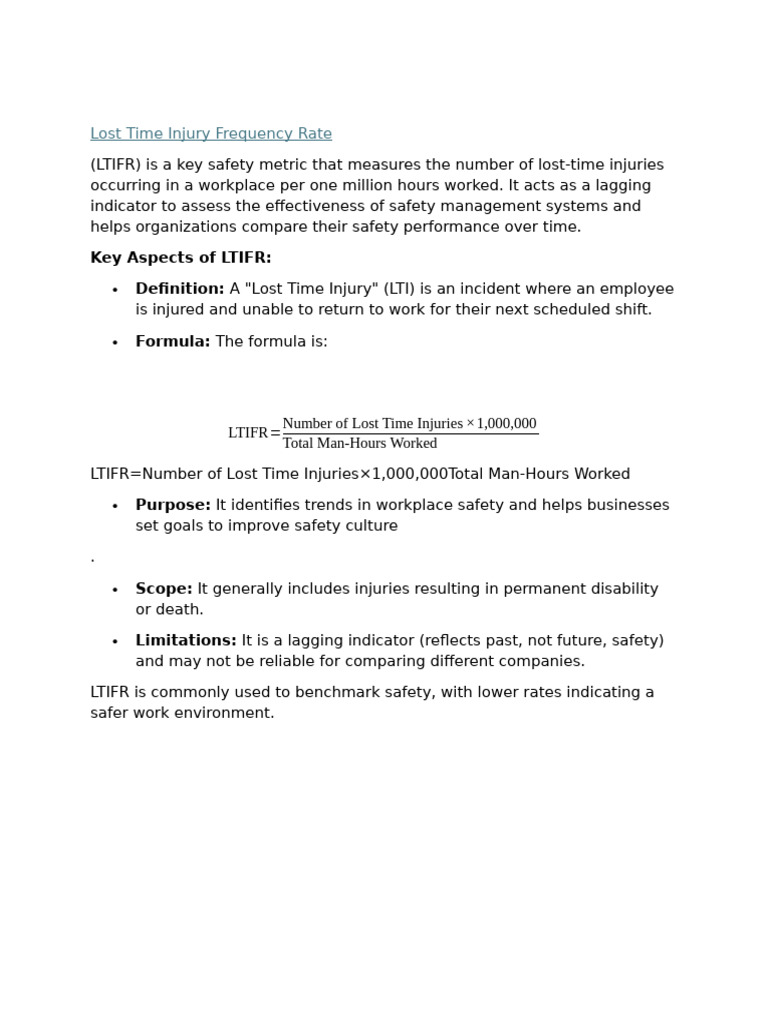 Lost Time Injury Frequency Rate | PDF