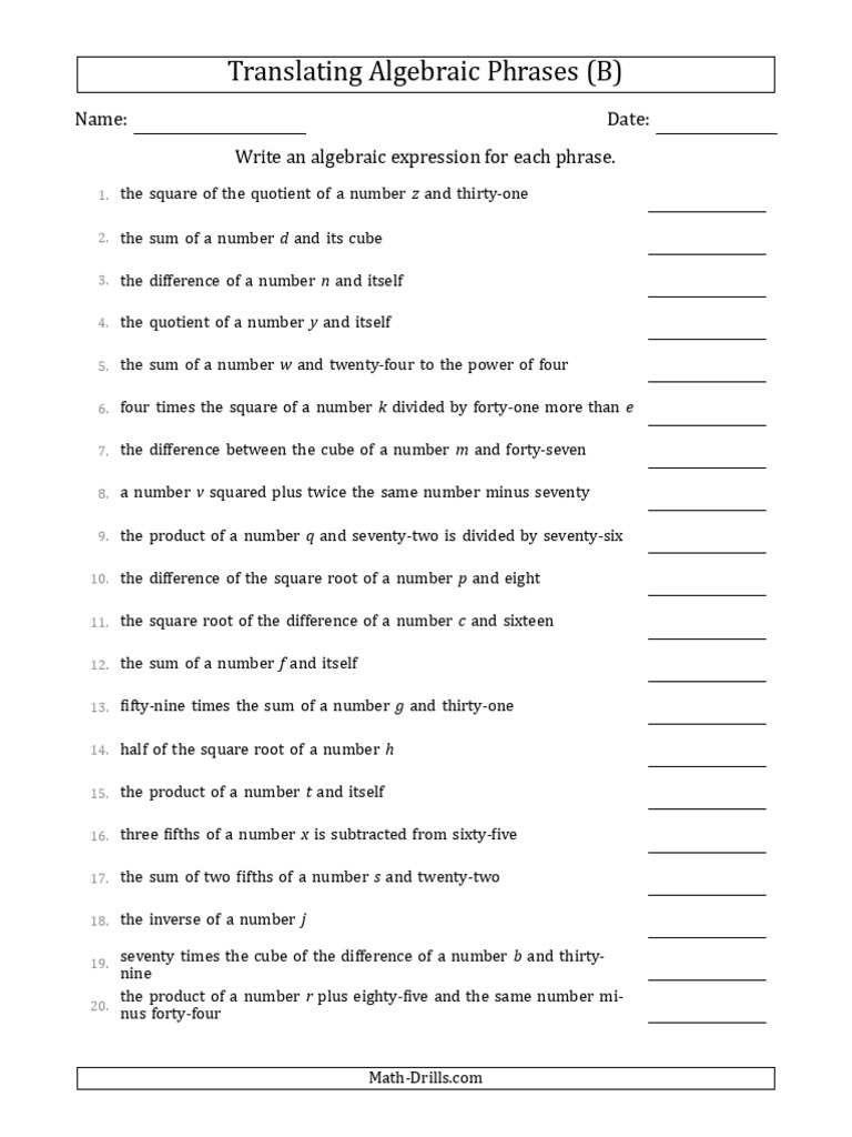 Translating Algebraic Phrases (2) | PDF