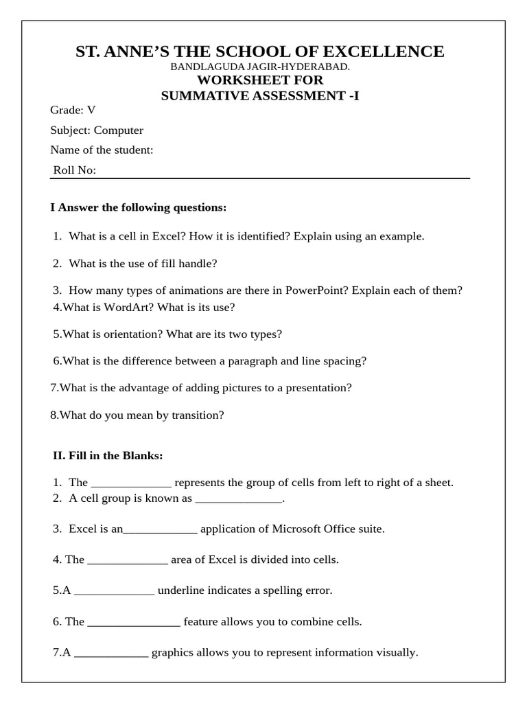 Grade 5 (Sa-1 Computer Worksheet) | PDF | Microsoft Excel | Microsoft ...