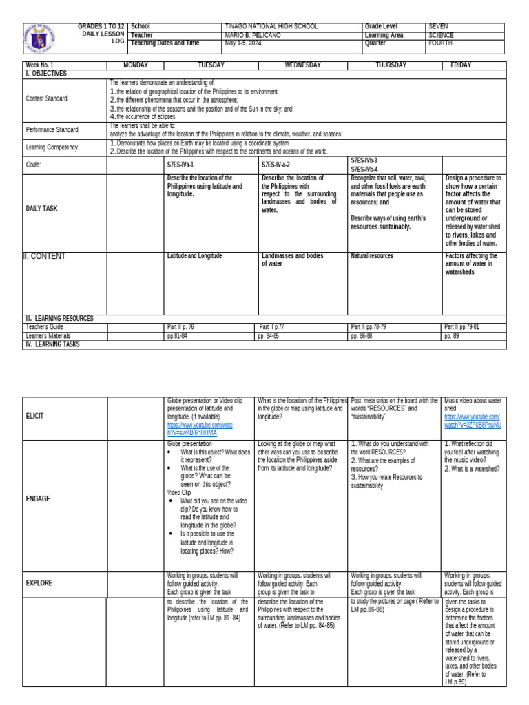 DDL SCIENCE 7 Q4 W1 | PDF | Earth | Water