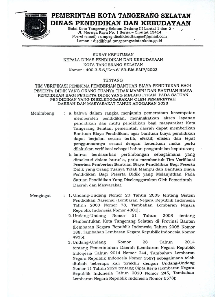 SK Tim Verifikasi Bantuan Biaya Pendidikan SMP 2023 | PDF