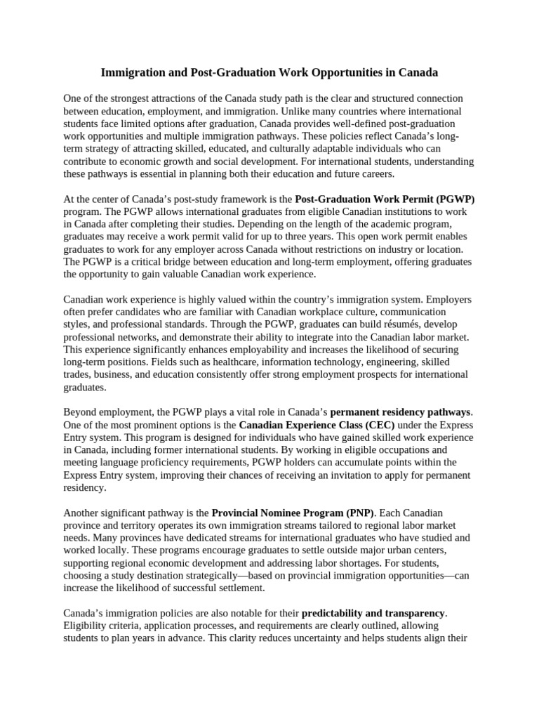 Immigration and Post-Graduation Work Opportunities in Canada | PDF ...
