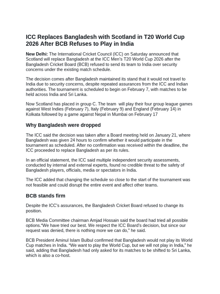 ICC Replaces Bangladesh With Scotland in T20 World Cup 2026 After BCB ...