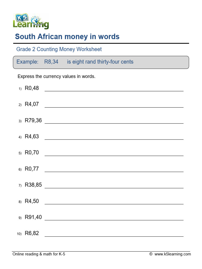 Grade 2 South African Money in Words B | PDF
