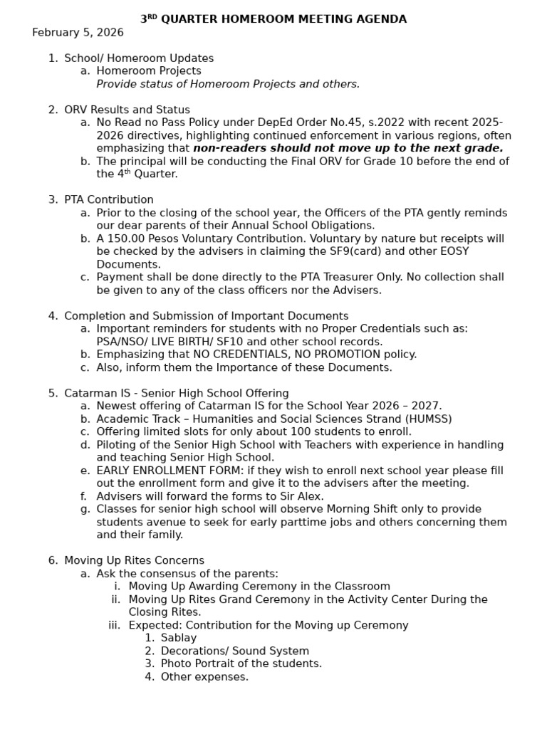 3RD Quarter Homeroom Meeting Agenda | PDF