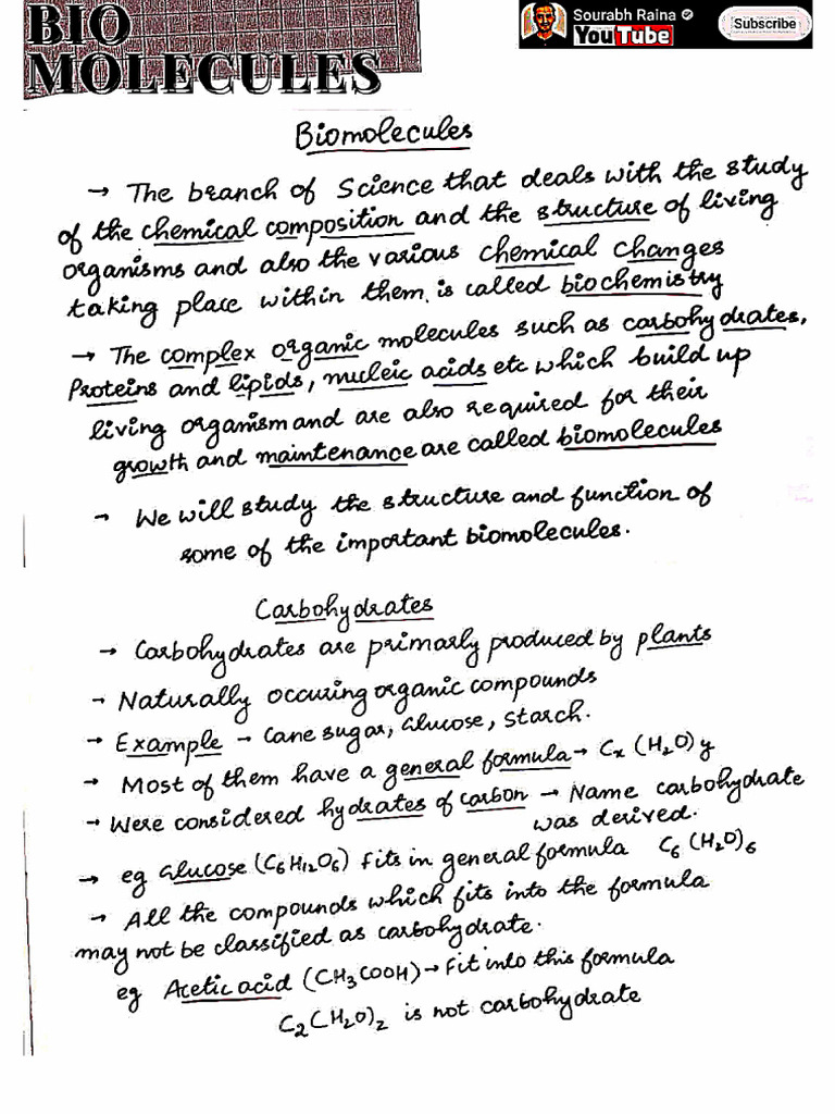 10. Biomolecules Detailed Oneshot Notes by Sourabh Raina | PDF