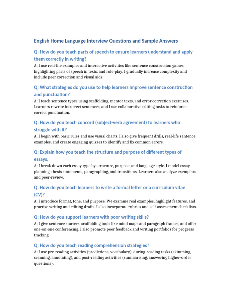English Home Language Interview Questions and Answers | PDF | Reading ...