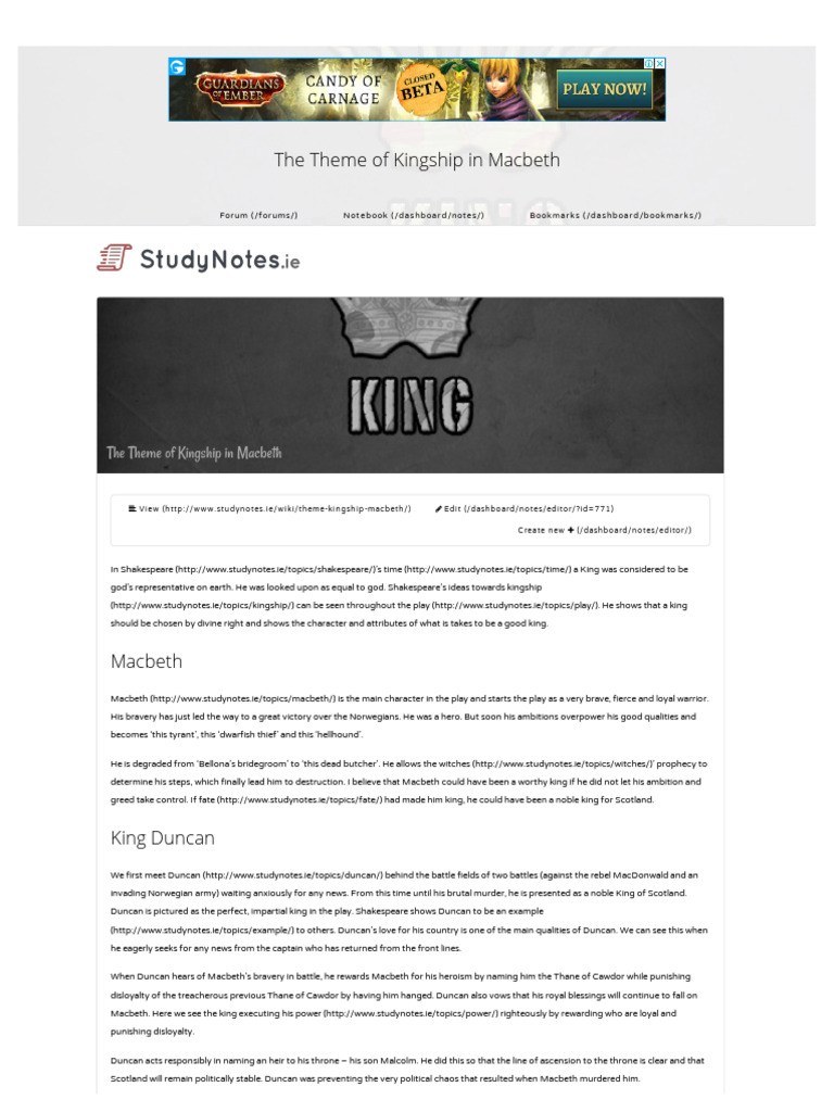 The Theme of Kingship in Macbeth - StudyNotes | PDF | Shakespearean ...