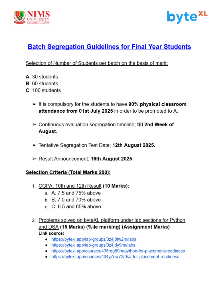 NIMS 2026 Batch Segregation Guidelines | PDF | Educational Assessment ...
