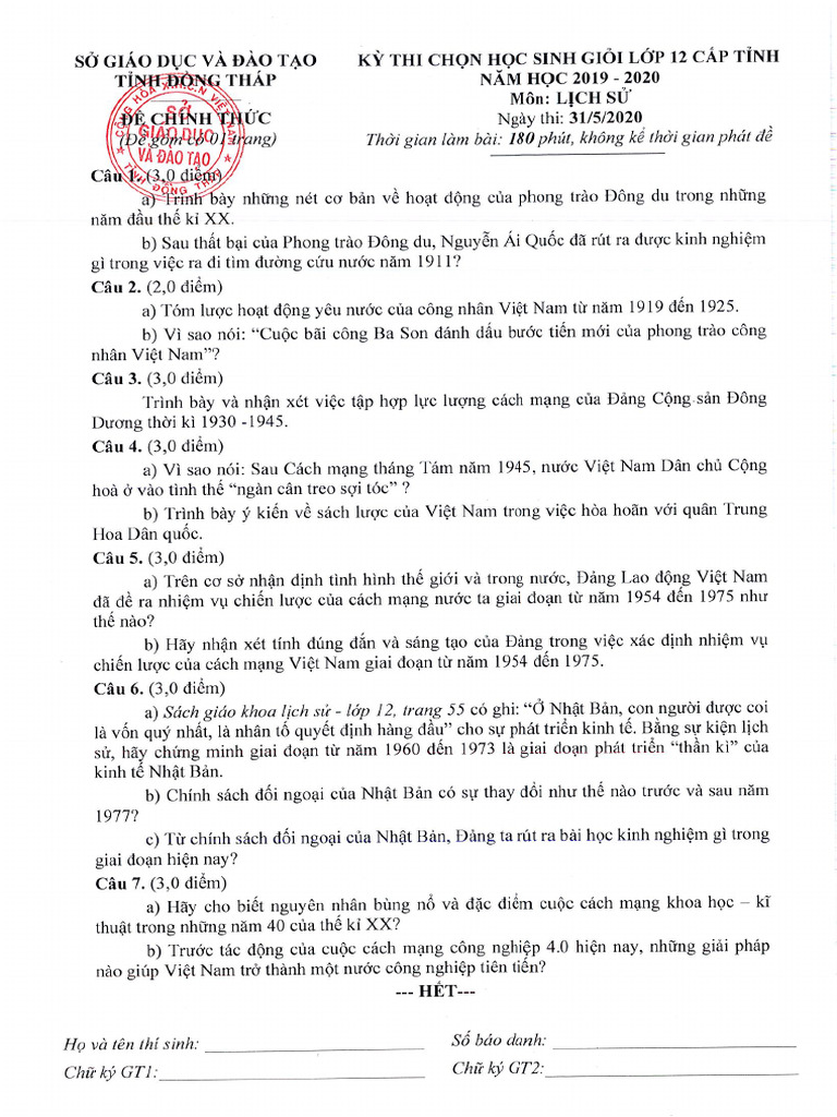 De Thi Hoc Sinh Gioi Lich Su 12 Cap Tinh Nam 2019 2020 So Gddt Dong ...