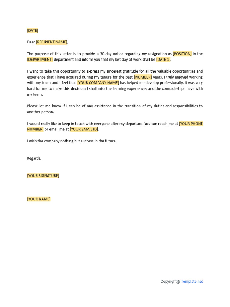 Resignation Letter With One Month Notice | PDF