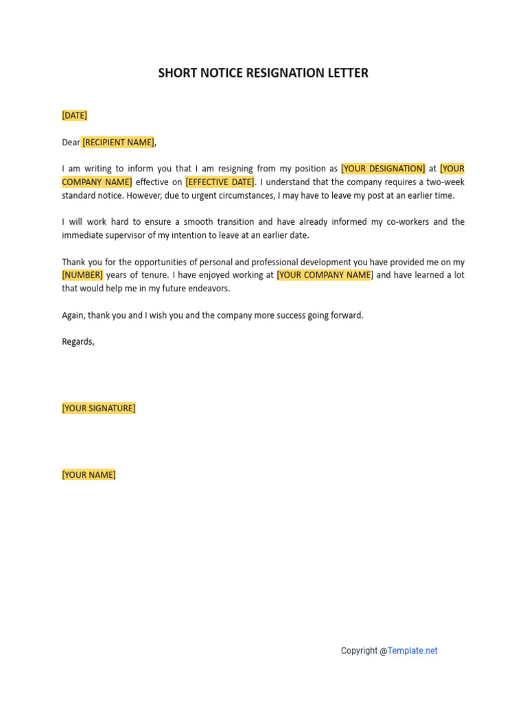 Short Notice Resignation Letter | PDF