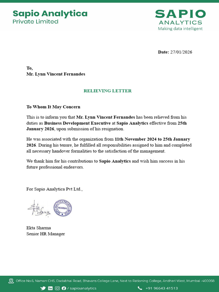 Relieving Letter - Lynn Fernandes | PDF