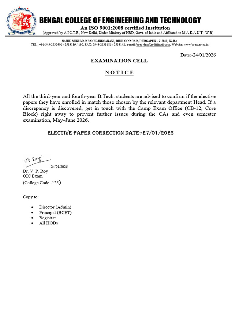 Notice_3rd, 4th Yr. Enrolled Elective Paper Correction. | PDF