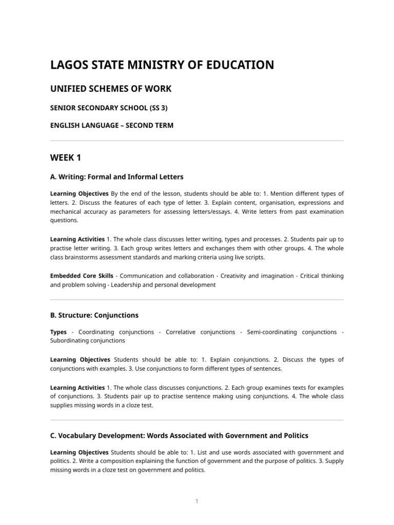 Ss3 English Language Scheme of Work - Second Term (Lagos State) | PDF ...