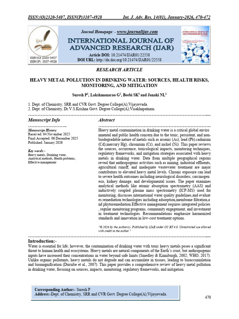 HEAVY METAL POLLUTION IN DRINKING WATER: SOURCES, HEALTH RISKS ...