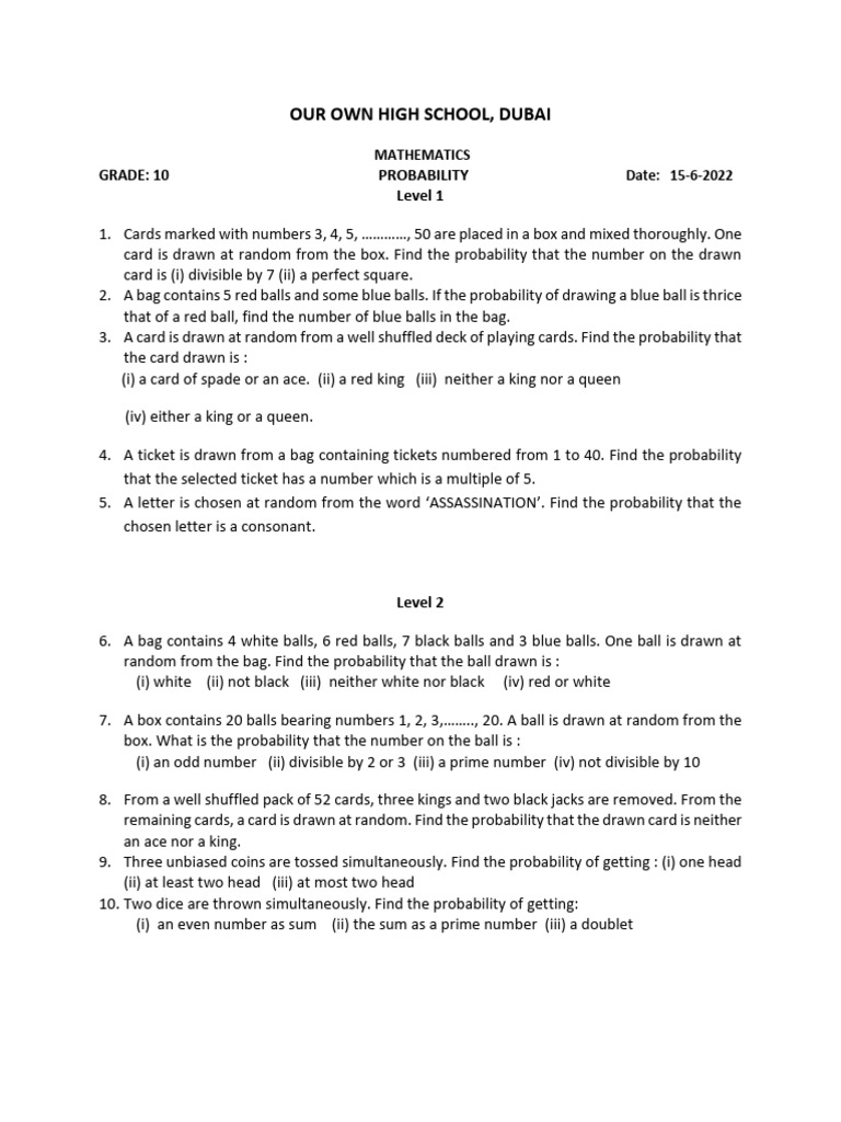 Probability GD 10 Worksheet | PDF | Probability | Chess