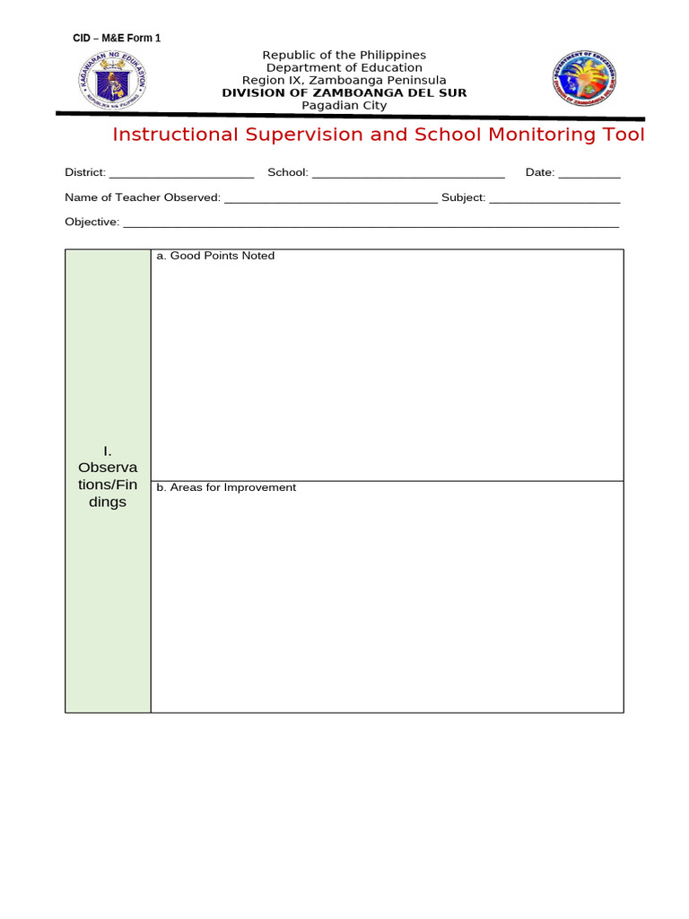 CID M&E FORM 1 Instructional Supervision and School Monitoring Report | PDF