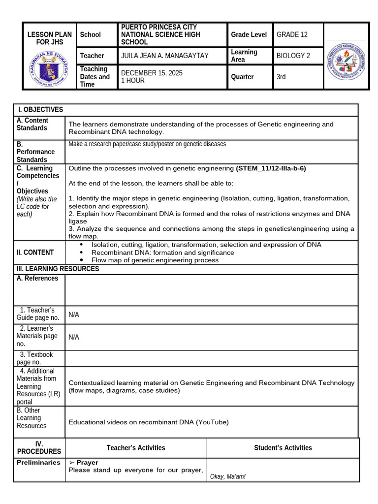 Lesson Plan (Biology 2) Managaytay | PDF | Recombinant Dna | Dna