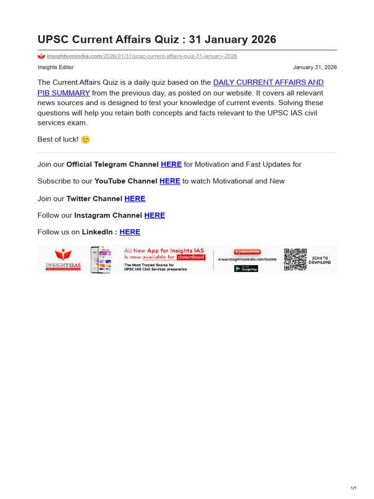 UPSC Current Affairs Quiz 31 January 2026 | PDF