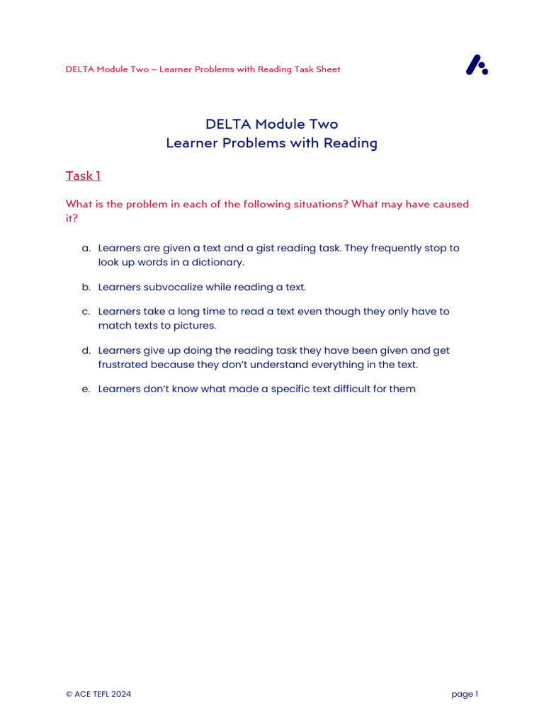 Learner Problems With Reading Task Sheet | PDF | Cognitive Science ...