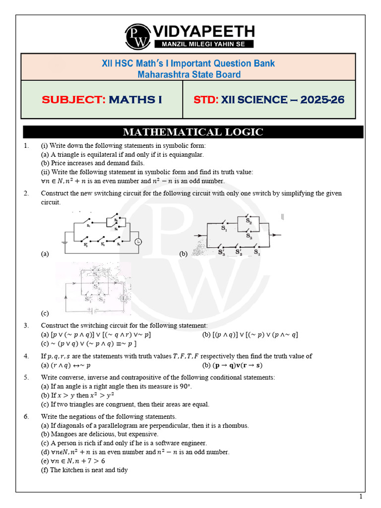 Test Paper MATHEMATICAL LOGIC 12th Mathematics-I Khan Sir Man | PDF ...