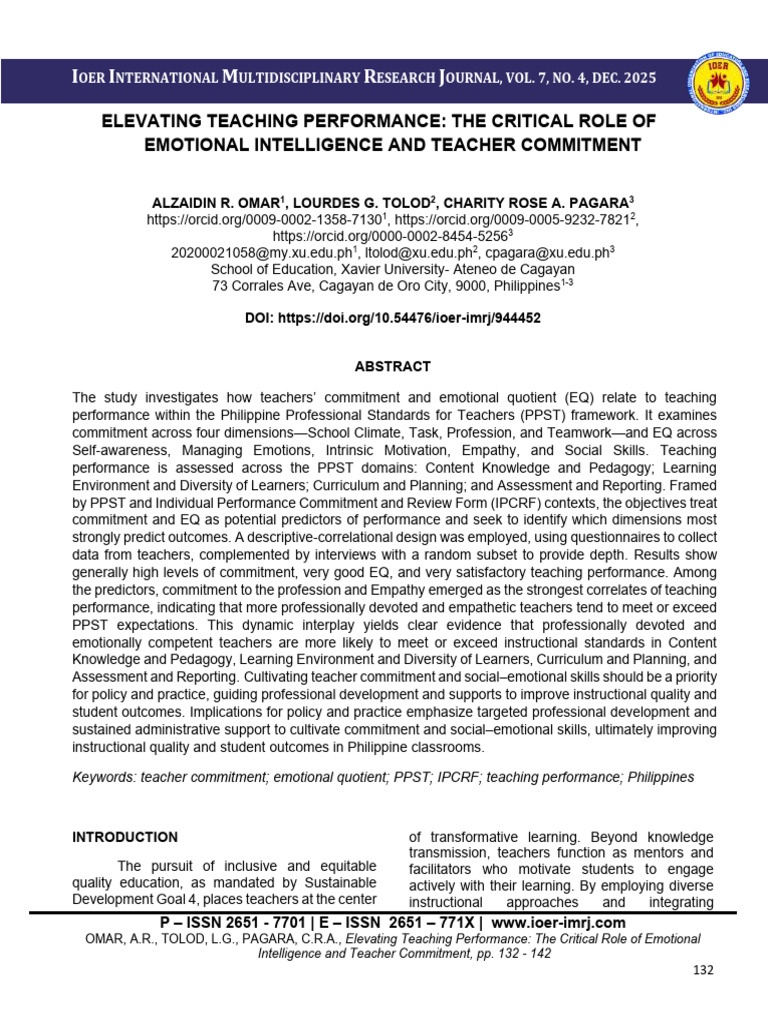 Elevating Teaching Performance the Critical Role of Emotional ...