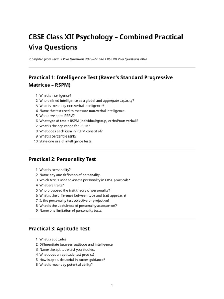Cbse Class Xii Psychology - Combined Practical Viva Questions | PDF ...