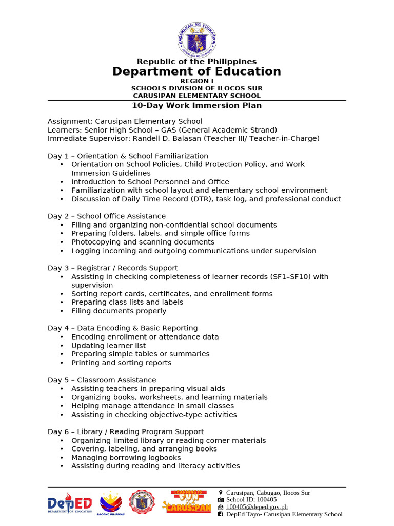 10-Day Work Immersion Plan | PDF | Learning