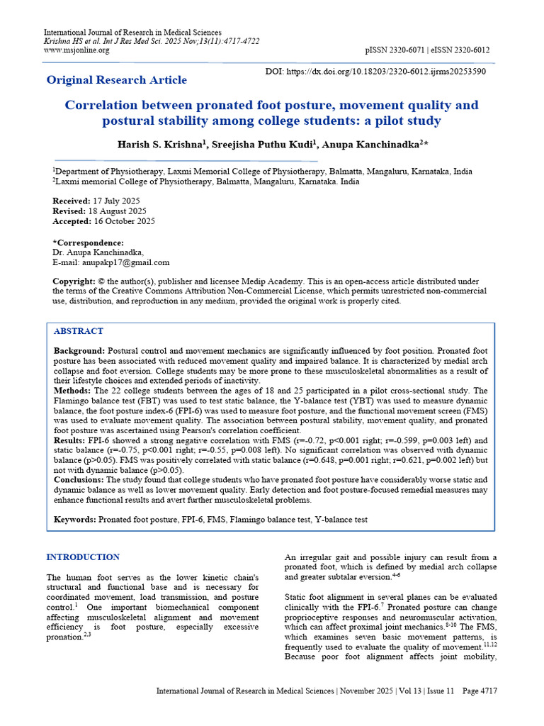 Correlation Between Pronated Foot Posture Movement | PDF | Balance ...