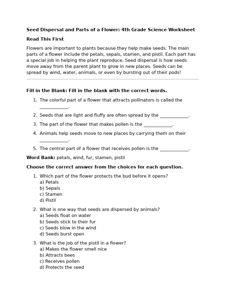 Seed Dispersal and Parts of a Flower Worksheet 1 | PDF | Flowers | Petal