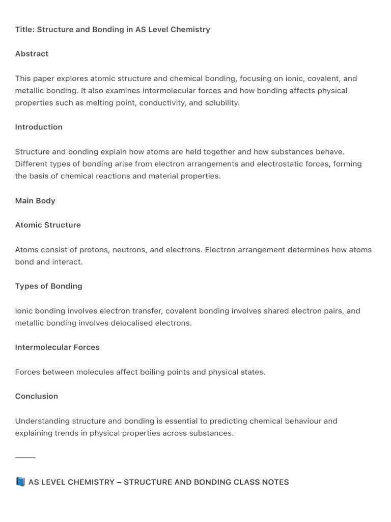 Title - Structure and Bonding in As Level Chemistry | PDF | Chemical ...