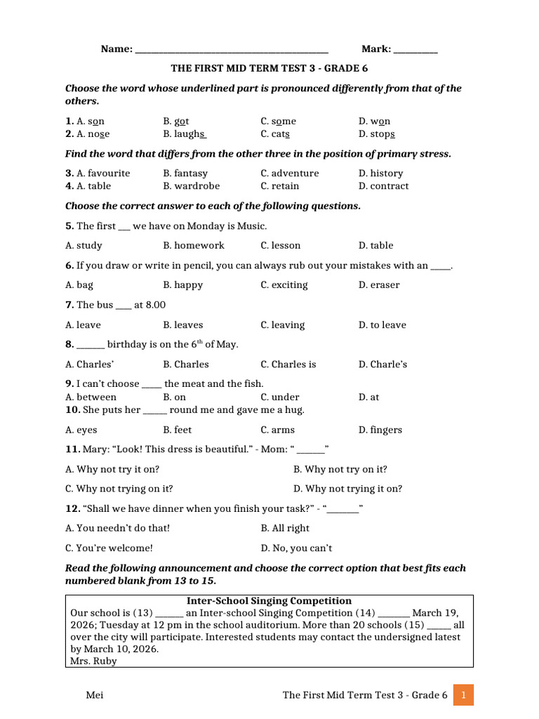 The First Mid Term Test 3 - Grade 6 | PDF