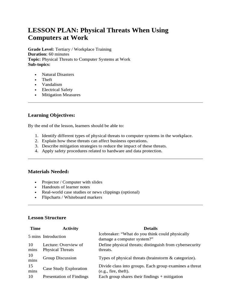 LESSON PLAN - Physical Threats When Using Computers at Work | PDF ...