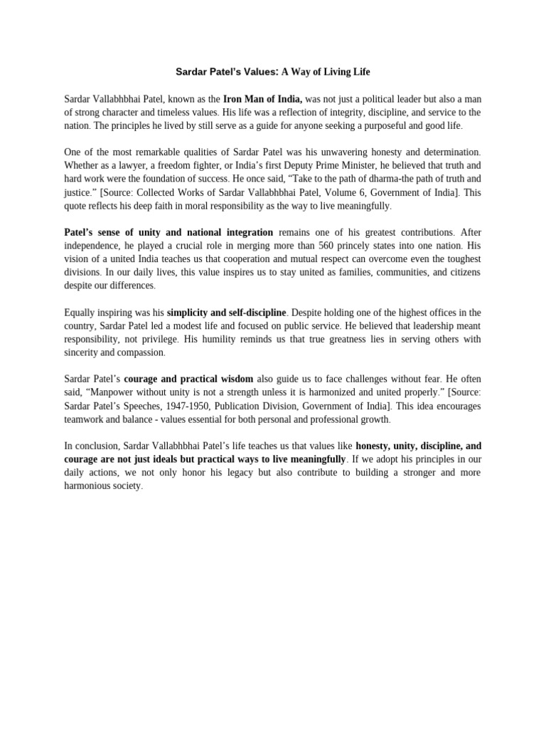 Sardar Patel’s Values- A Way of Living Life | PDF