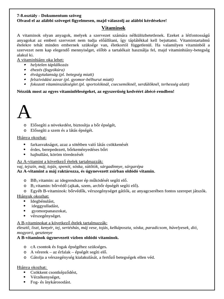 TL, Vitaminok Szövegértés | PDF