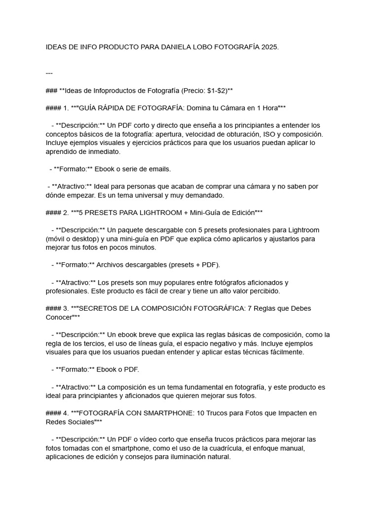 Ideas de Info Producto Para Daniela Lobo Fotografía 2025 (1) | PDF