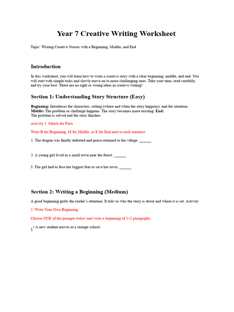 Year 7 Creative Writing Worksheet | PDF