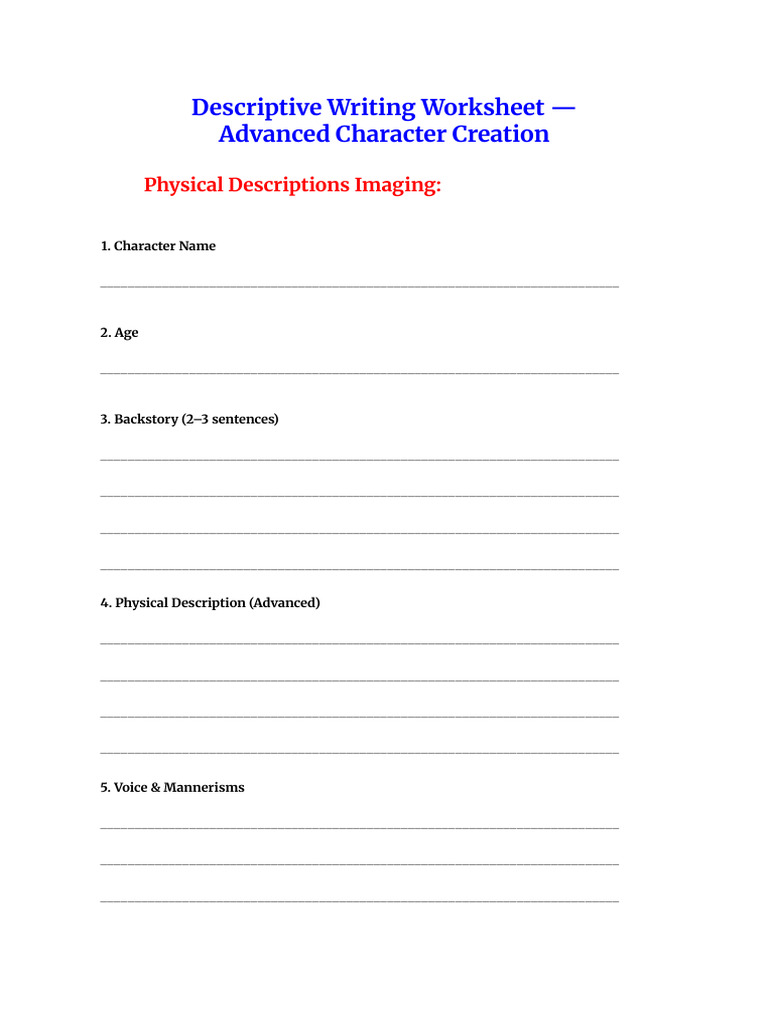 Descriptive Character Worksheet With Lines | PDF | Chess Openings | Chess