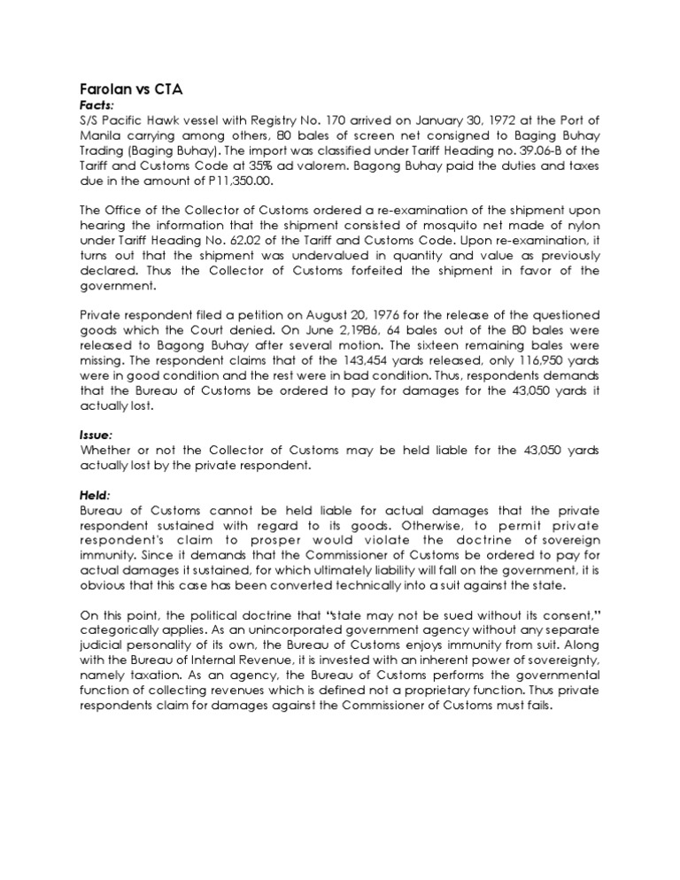 Farolan Vs CTA | PDF | Customs | Tariff