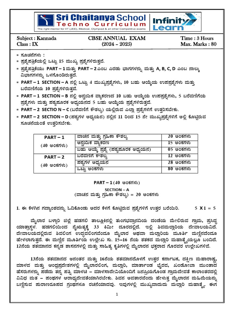 CBSE Kannada Class IX Annual Exam QP (SET - 1) | PDF