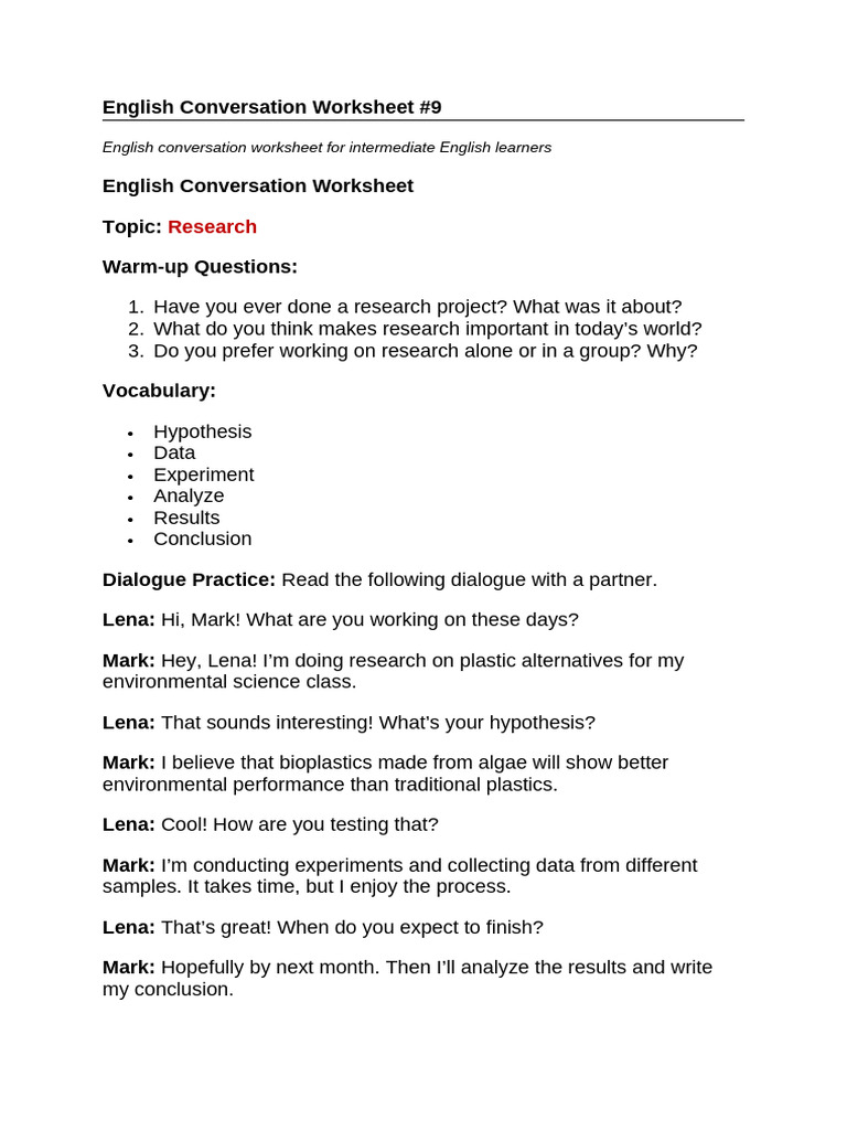 English Conversation Worksheet - 9 | PDF