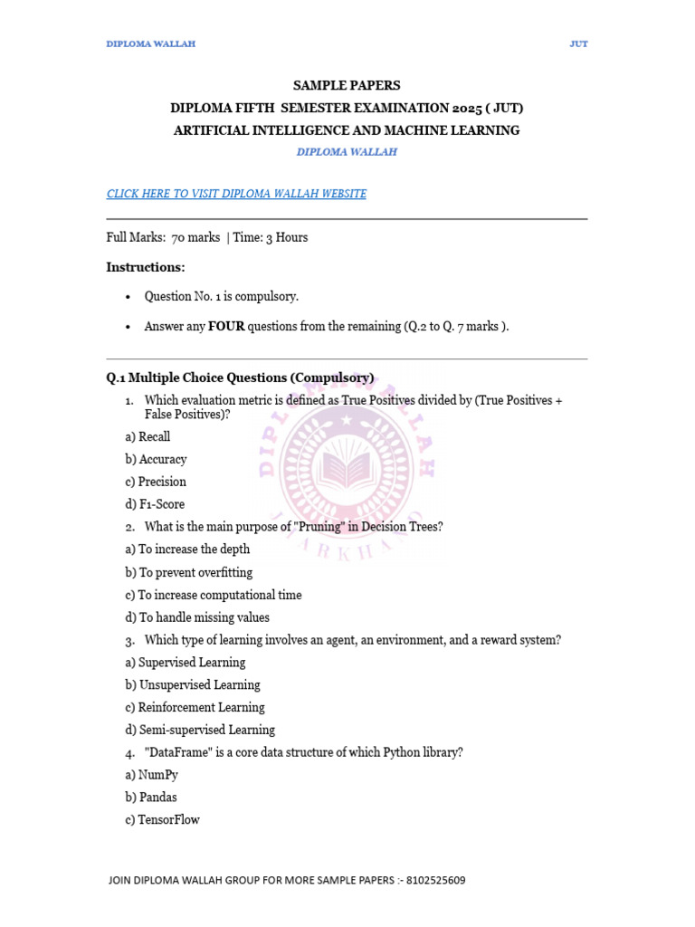 Ai-ml Sample Paper 3 by Diplomawallah | PDF | Machine Learning ...
