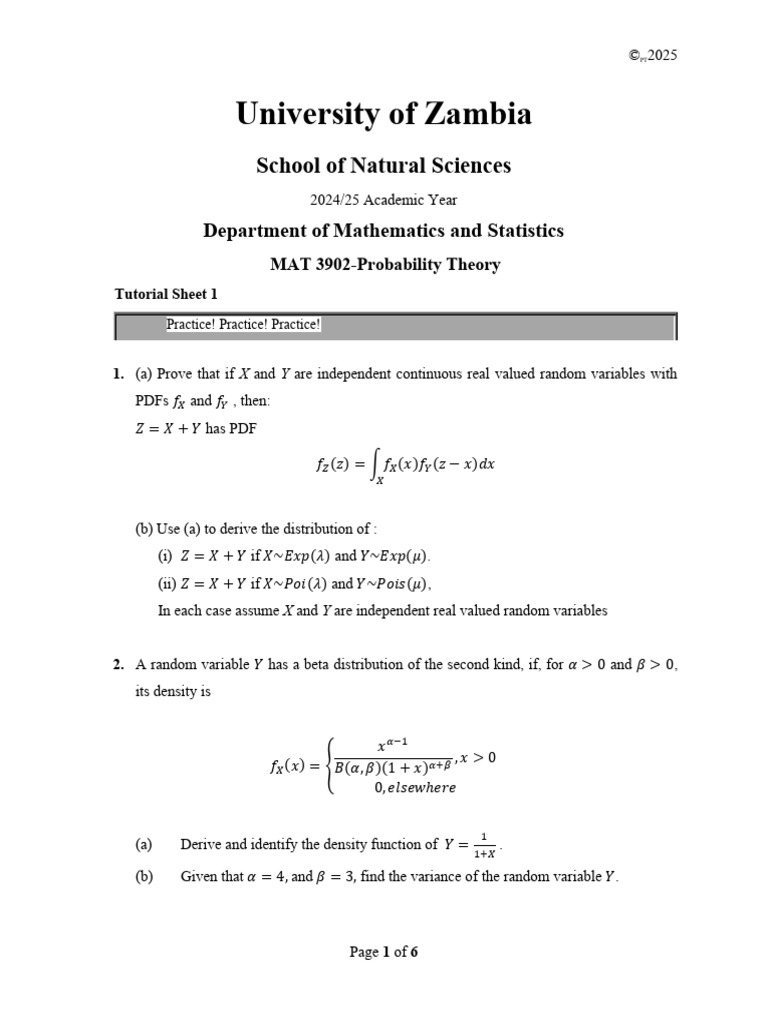 MAT 3902 Tutorial Sheet 1 2025 | PDF | Probability Density Function ...