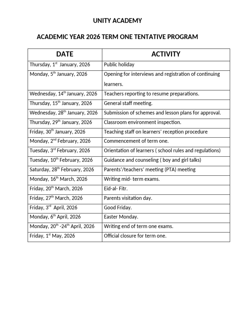 Academic Year 2026 Term One Tentative Time Table | PDF