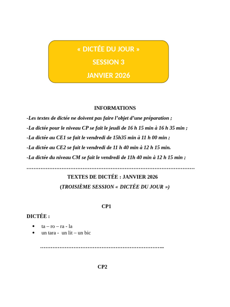 Session 3 - Textes Dictee Du Jour - Janv 2026 | PDF