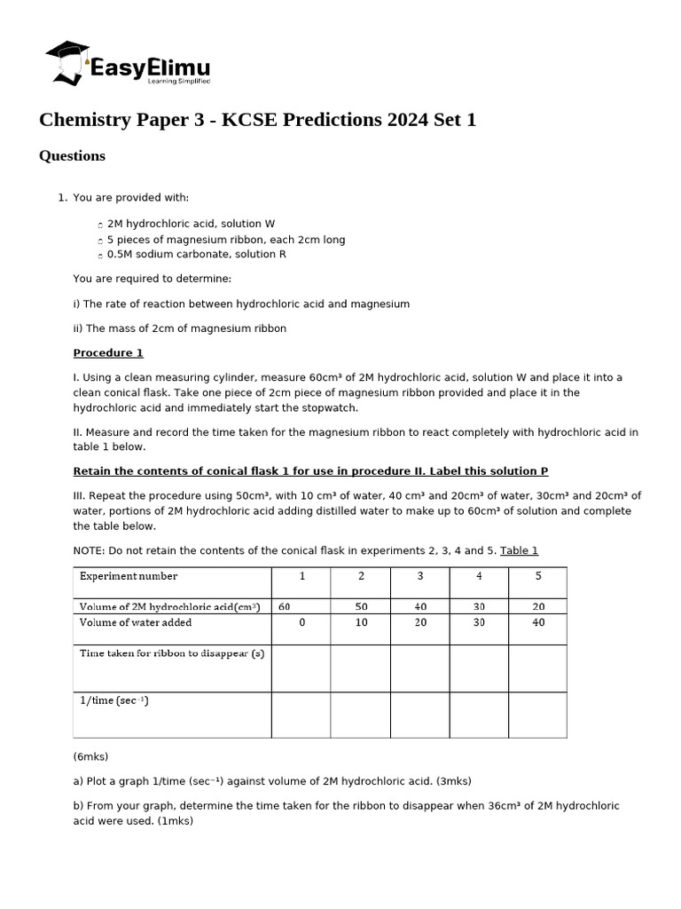 Chemistry Paper 3 KCSE Predictions 2024 Set 1 1439 | PDF | Acid | Titration