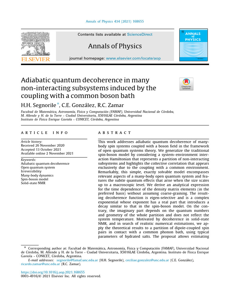 Adiabatic Quantum Decoherence in Many Non Interacting Subsyst 2021 ...